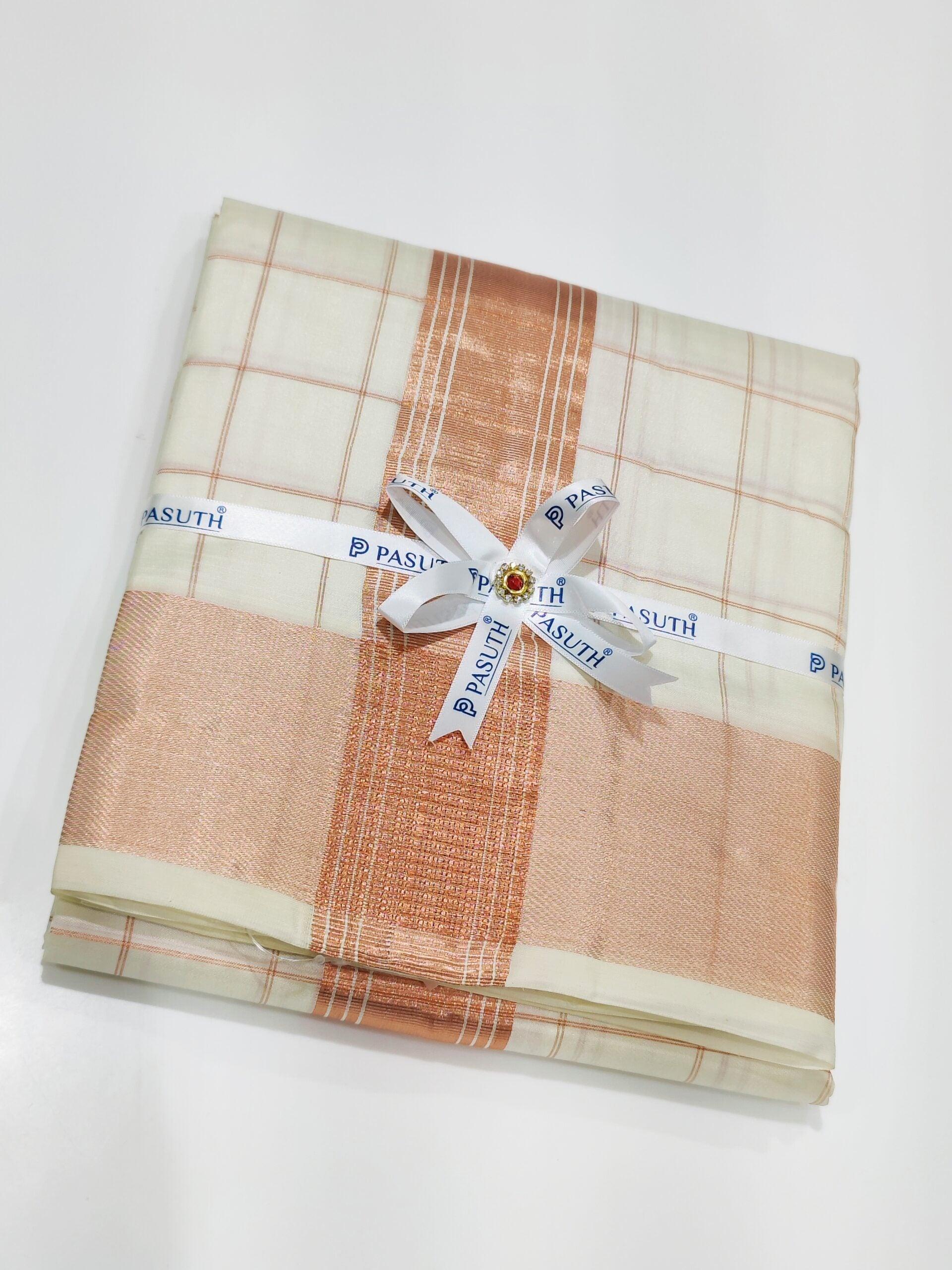 Cream Checks Pure Silk Dhoti with Copper Border