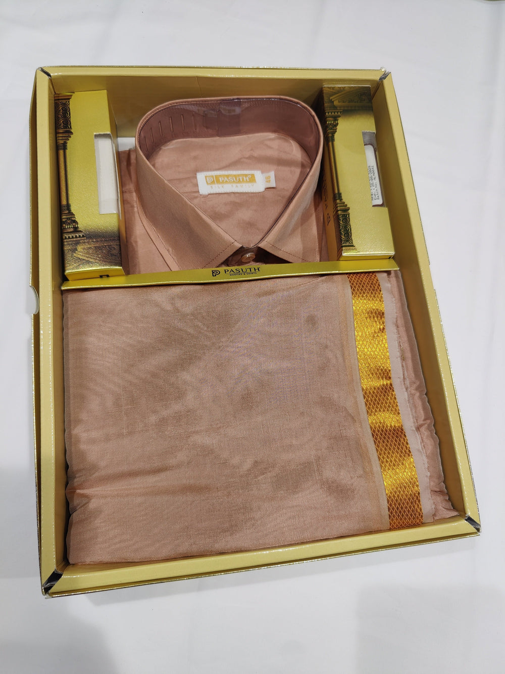 "Copper Dhoti Set with Dhoti, Shirt, Belt & Perfume – Wedding Collecti
