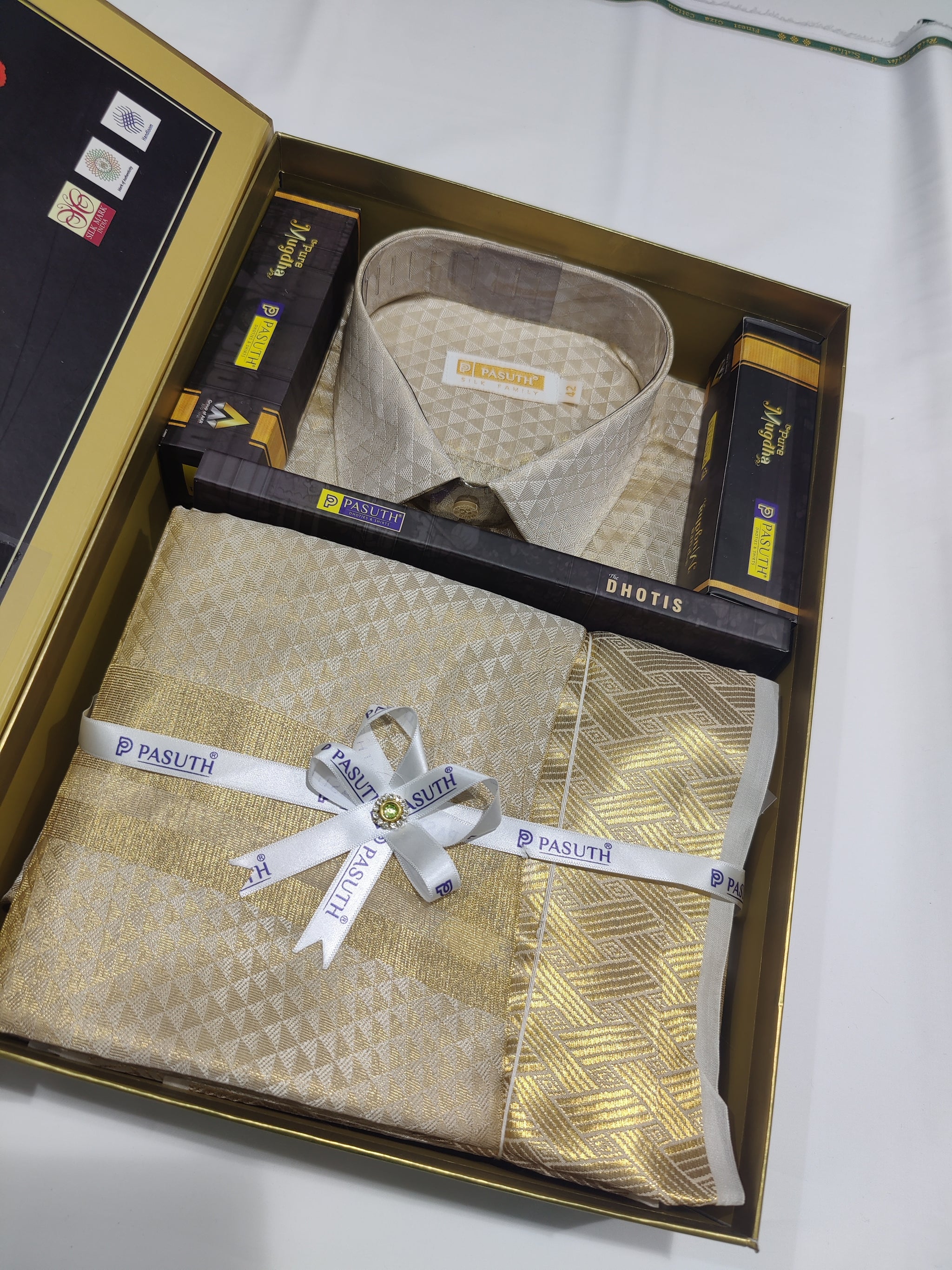 "Silver with Gold Shade Dhoti Set with Dhoti, Shirt, Belt & Perfume