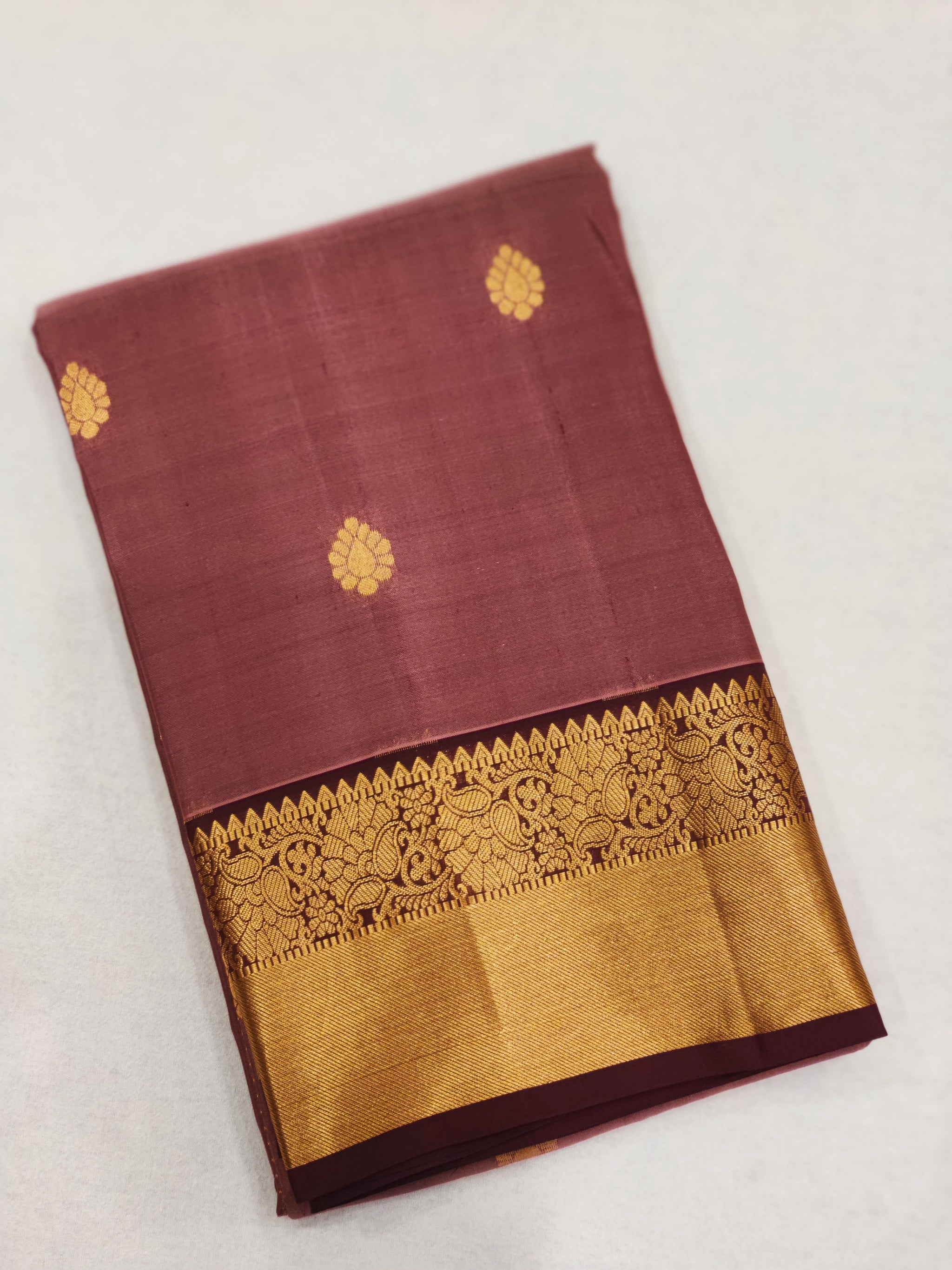 Chikoo Colour Kanjivaram Silk Saree with Coffee Brown Border - Elegant