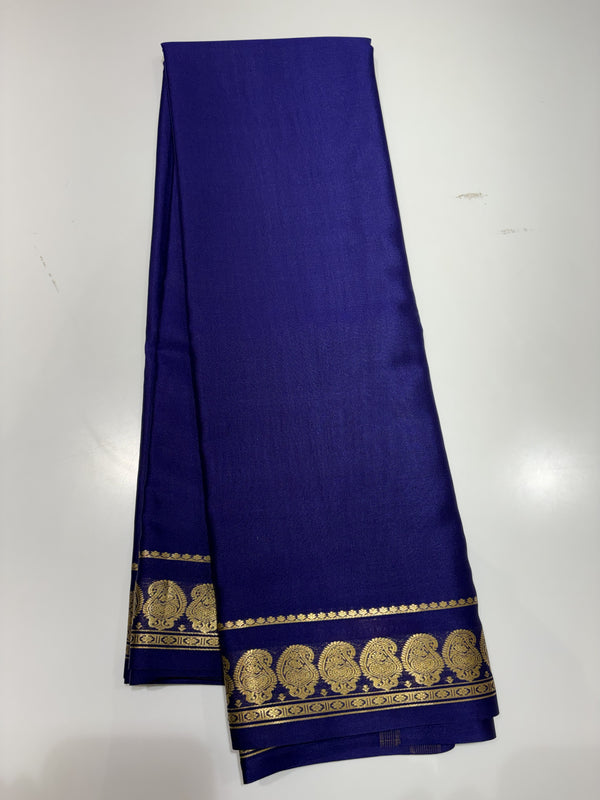 Navy Blue Mysore Silk Crepe Saree(60 gsm) With Golden Mango motifs in