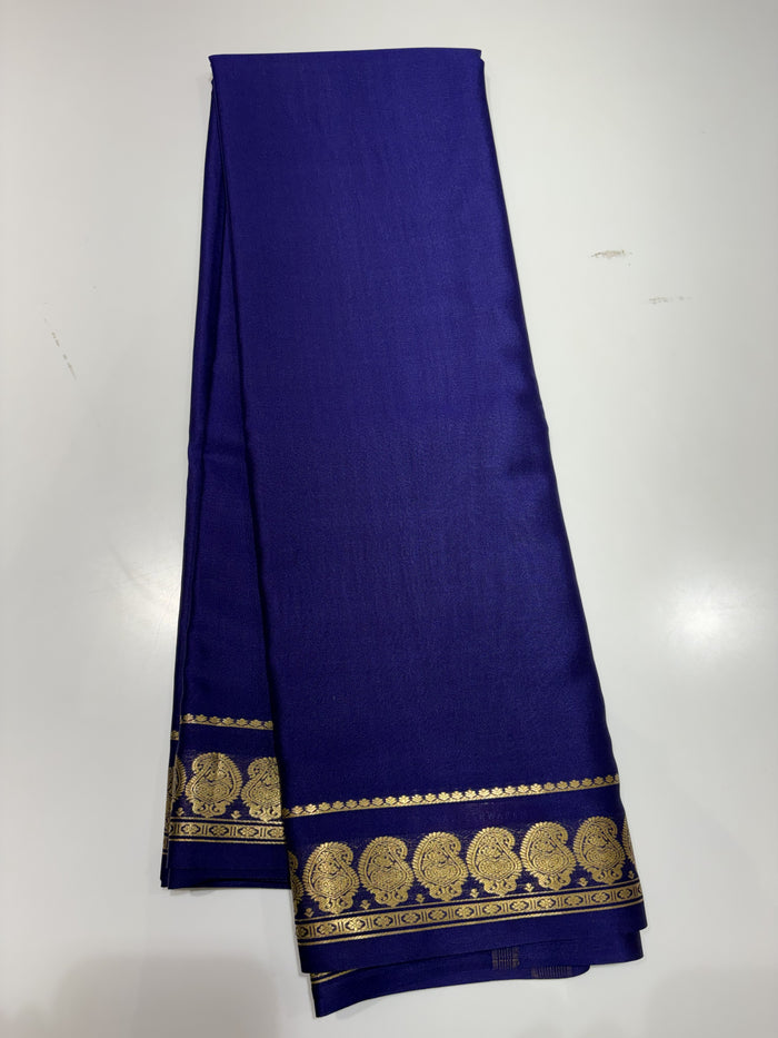 Navy Blue Mysore Silk Crepe Saree(60 gsm) With Golden Mango motifs in